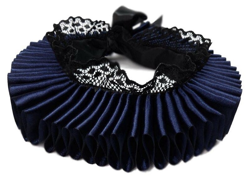 Navy Blue Satin and Lace Elizabethan Neck Ruff Ruffled Collar Victorian ...