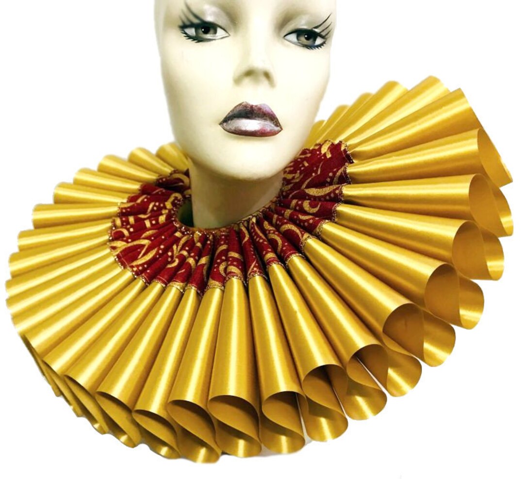 Ruffled Collar Gold Red Satin Huge Tall Wide Elizabethan Neck Ruff ...