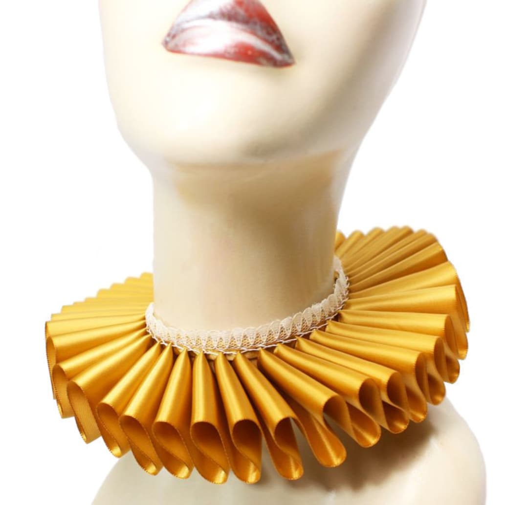 Satén dorado y encaje Cuello isabelino Ruff Collar con volantes ...