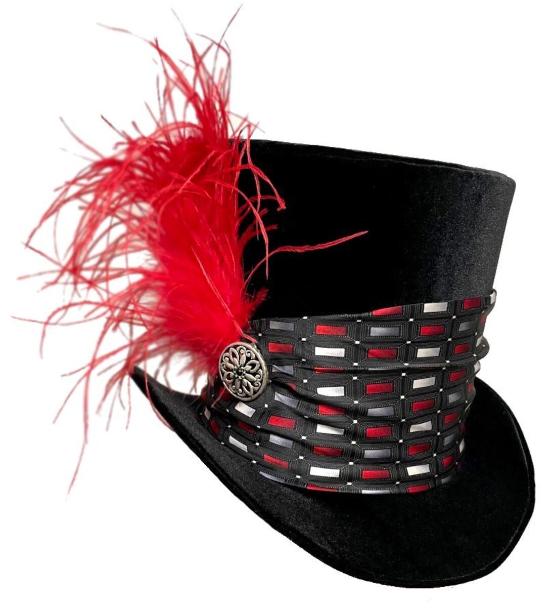 Tall Top Hat Black Velvet Red White Silver Gothic Steampunk Dapper ...