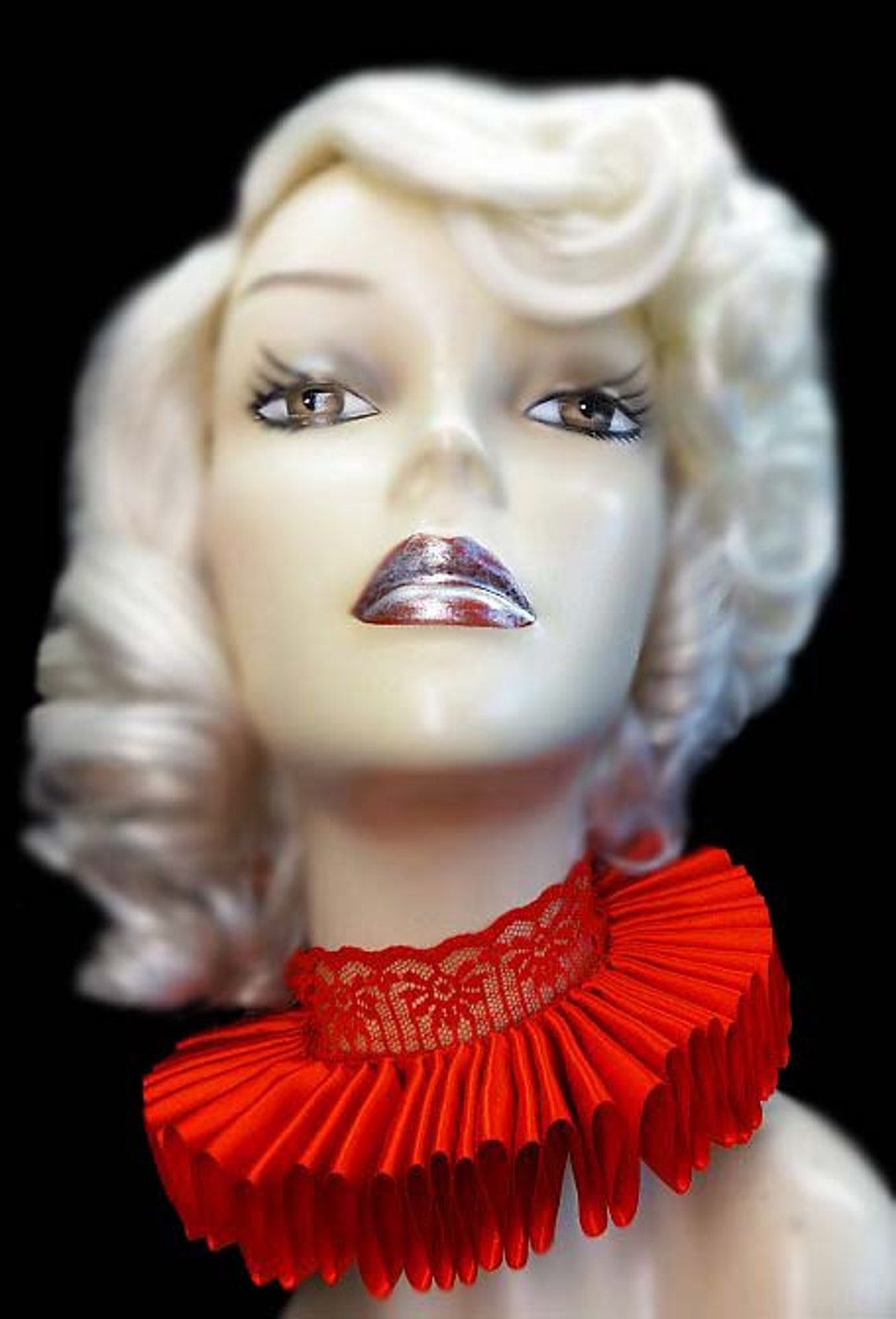 Red Satin and Lace Elizabethan Neck Ruff Ruffled Collar Victorian ...