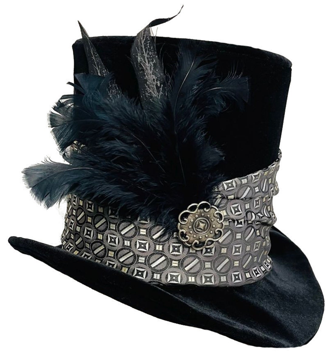 Black Velvet Top Hat White Grey Silver Wild Steampunk Dandy Mad Hatter ...