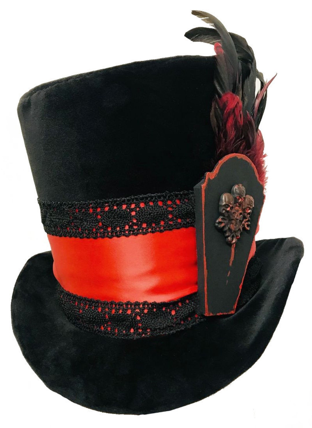 Tall Top Hat Black Velvet Red Gothic Vampire Coffin Steampunk - Etsy