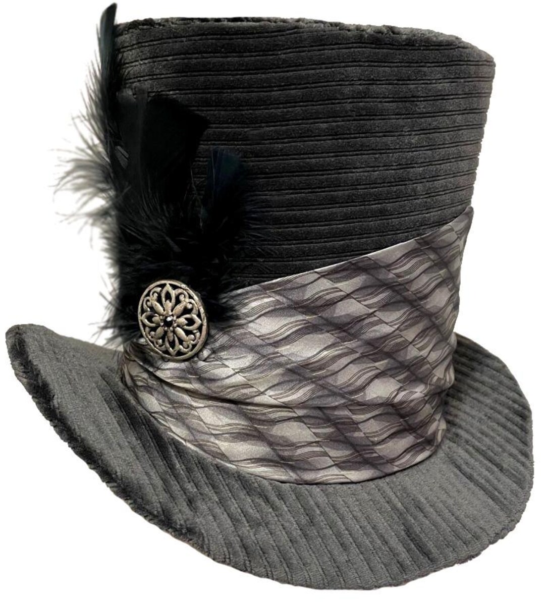 Grey Velvet Top Hat Tall Gray Feathered Jeweled Steampunk Dandy Mad ...