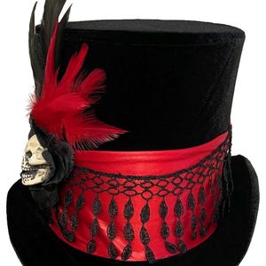 Tall Top Hat Black Velvet Rose Skull Red Feathered Gothic Vampire ...