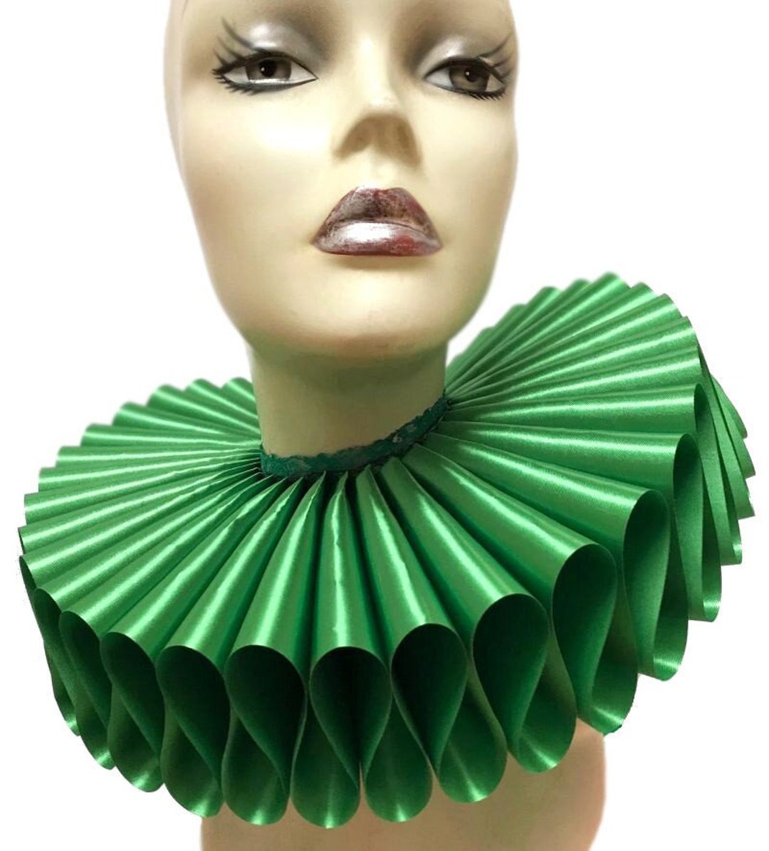 Ruffled Collar Green Satin Tall Wide Elizabethan Neck Ruff Victorian ...