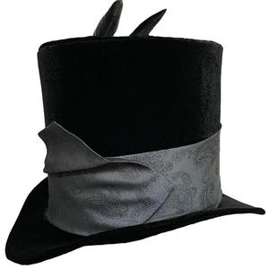 Tall Top Hat Black Velvet Fleur De Lis Rose Silver Grey Gothic Vampire ...