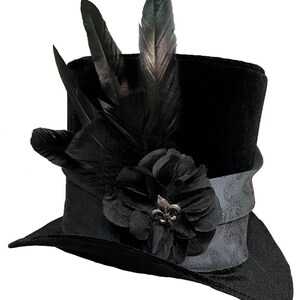 Tall Top Hat Black Velvet Fleur De Lis Rose Silver Grey Gothic Vampire ...