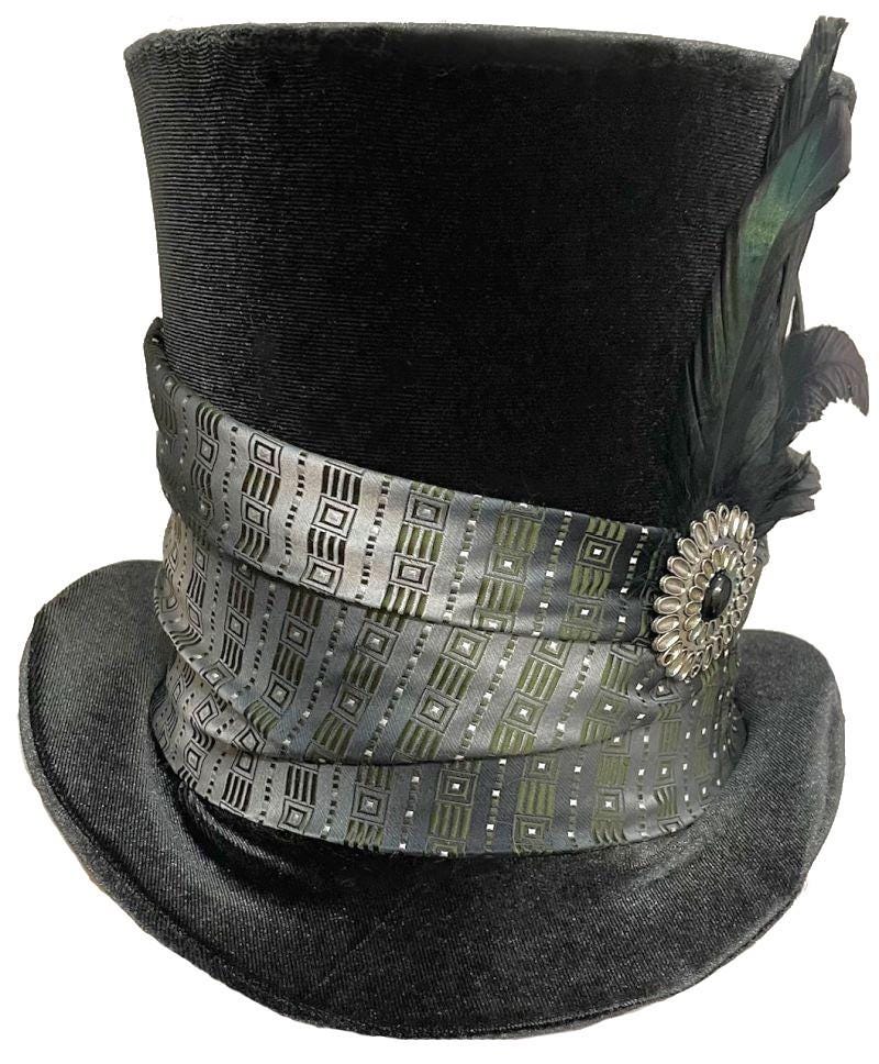 Tall Top Hat Dark Grey Charcoal Steampunk Wedding Mad Hatter Green ...