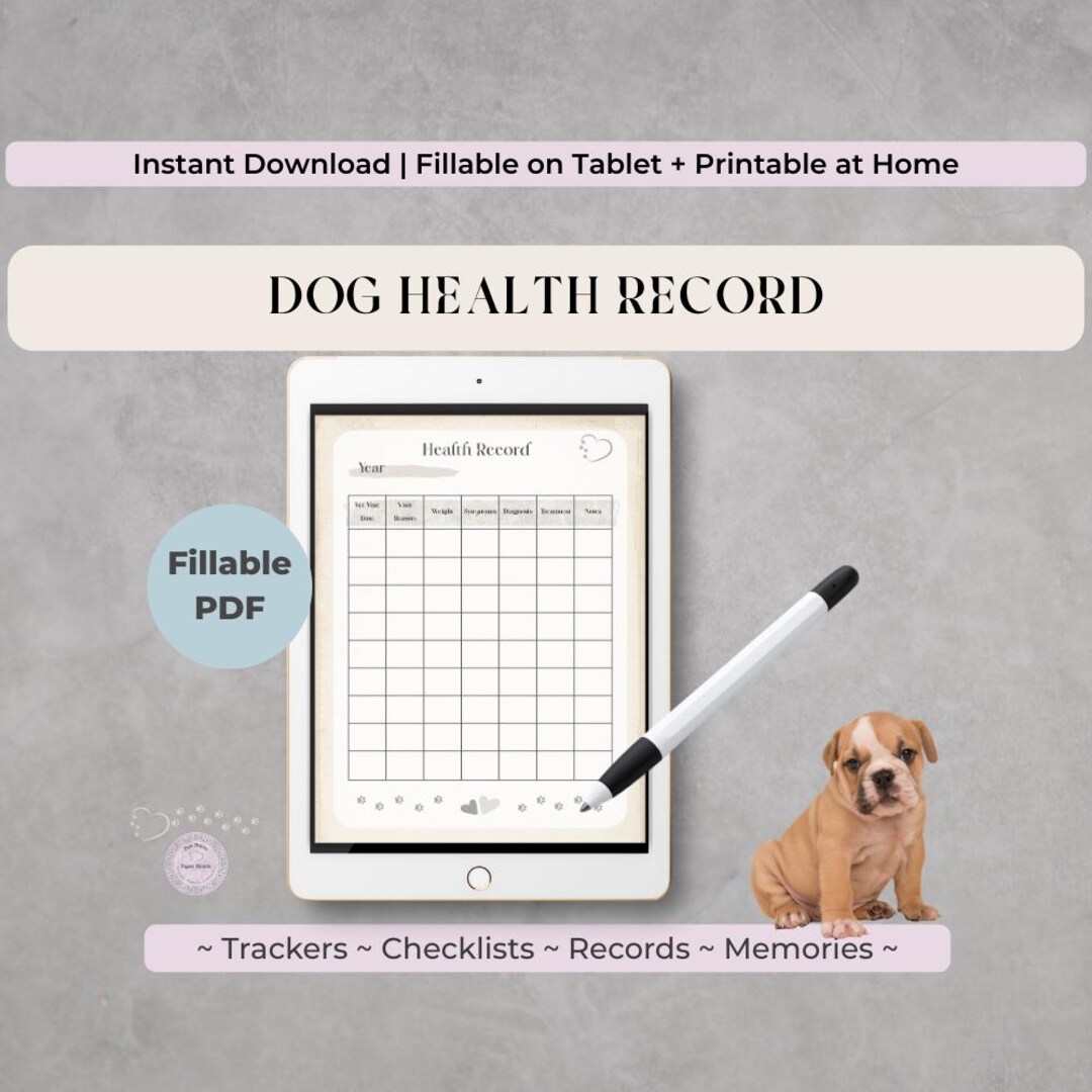 Dog Health Record: Digital Vet Visit Log, Fillable Medical Tracker (PDF ...