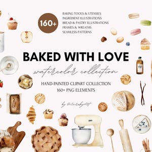 Watercolor Baking Clipart PNG: Hand-drawn Food & Utensils (digital ...