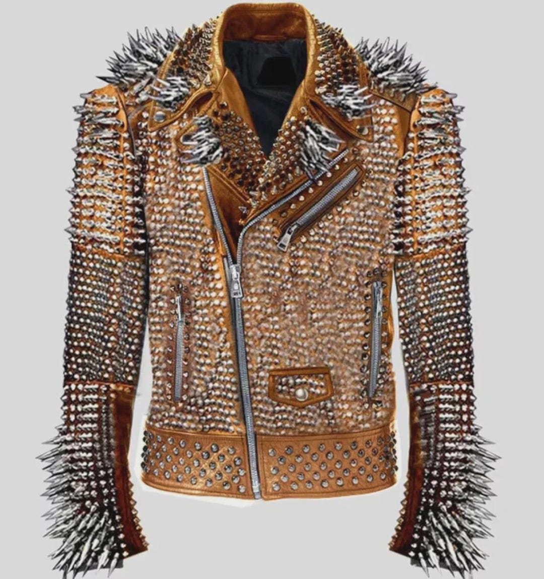 Handmade Brown High Leather Punk, Spikes, Jacket, Studded Jackets ...