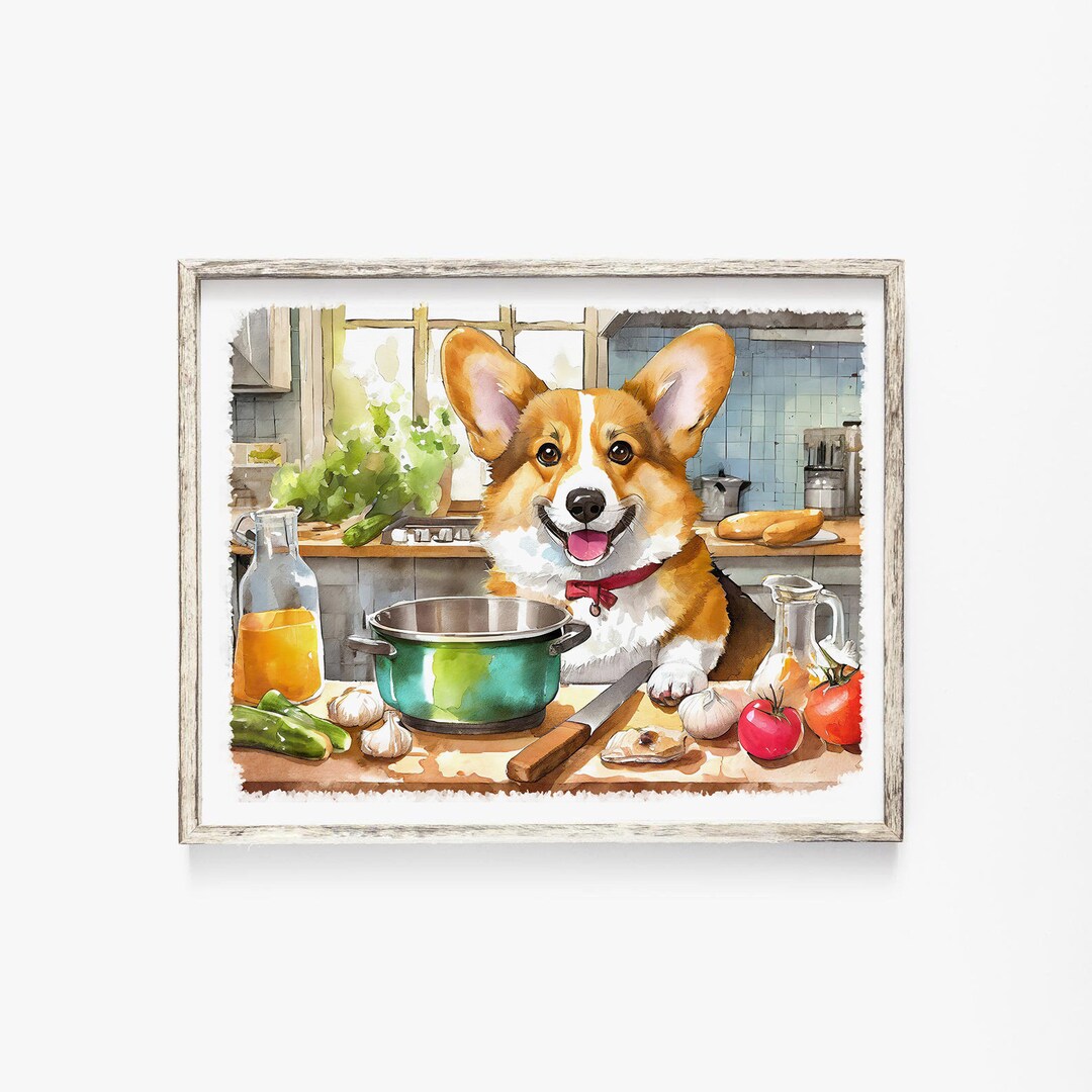 Corgi Kitchen Art Decor, Chef Corgi Cooking Painting, Watercolor Corgi ...