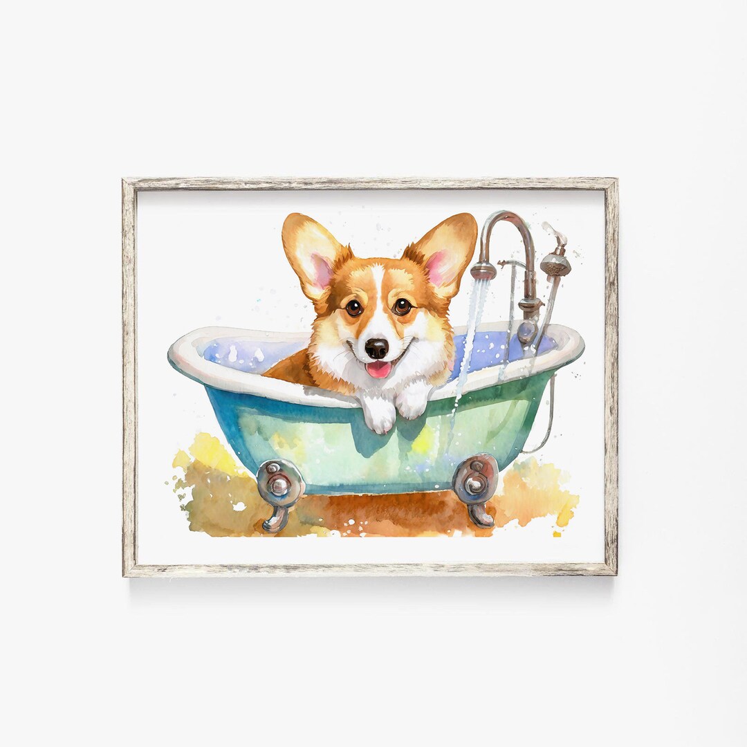 Corgi Taking a Bath Decor, Corgi Washroom Painting, Watercolor Corgi ...