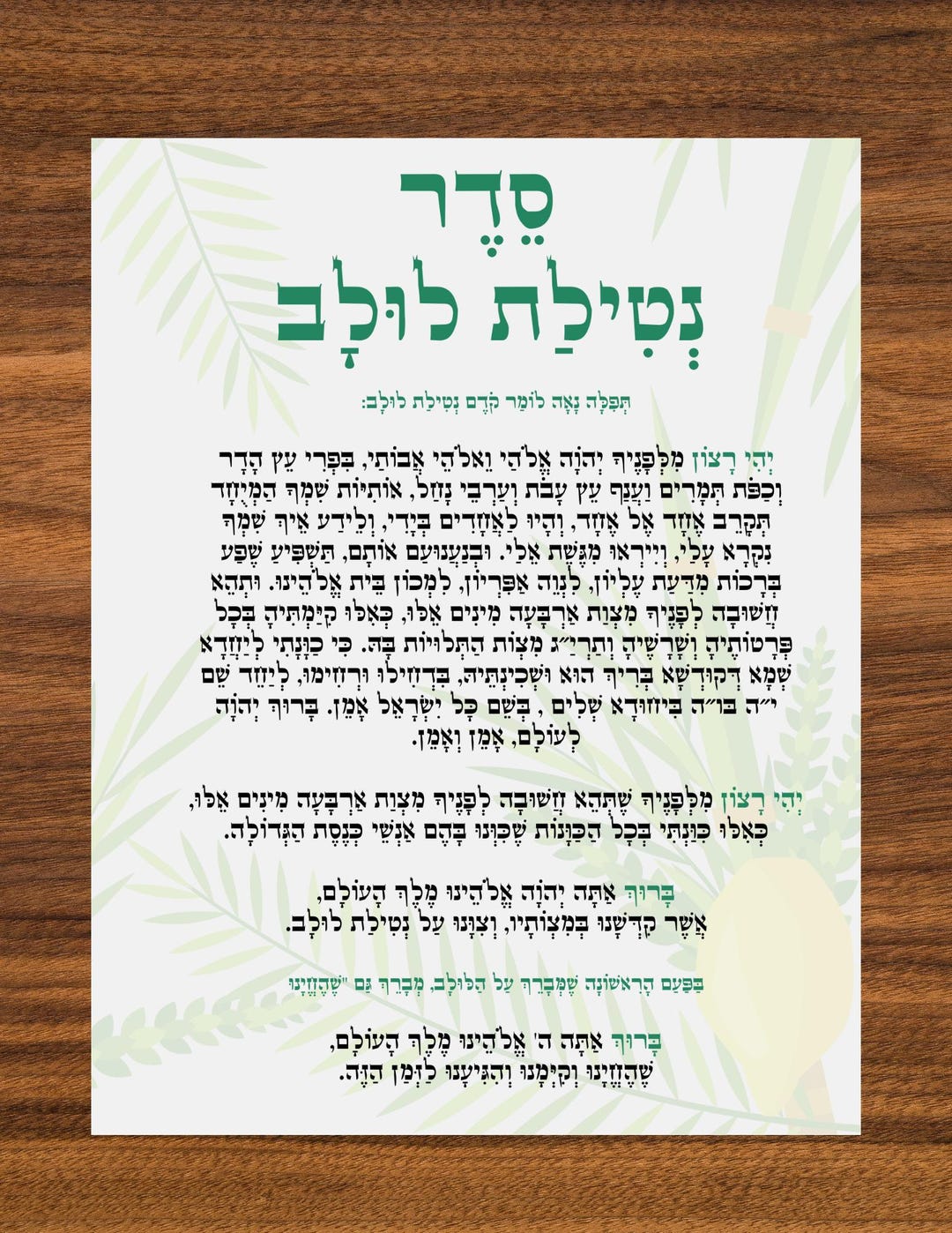 Printable Sukkot Prayer Poster | Seder Netilat Lulav Hebrew Wall Art ...