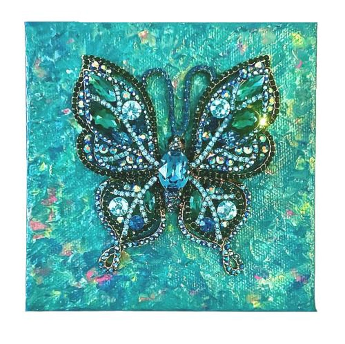 Sparkling Blue Butterfly Brooch on Colorful Abstract Painting ...