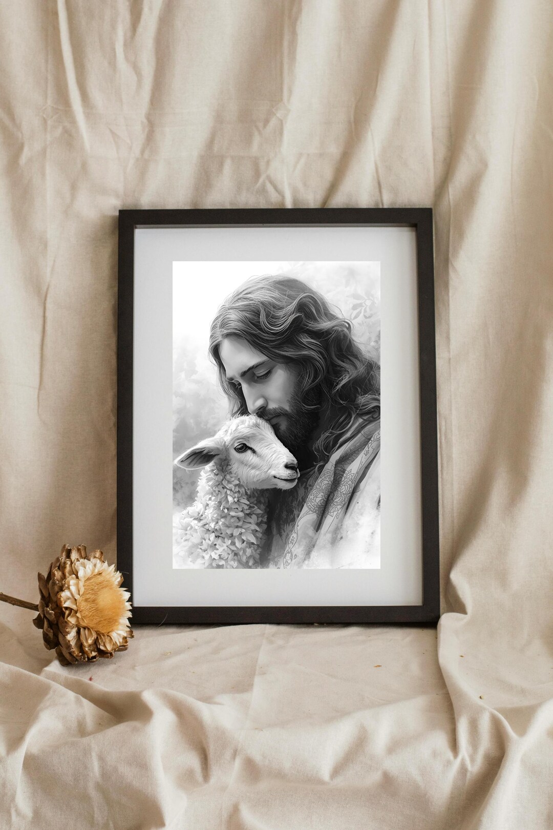 Modern Jesus Christ and Lost Lamb PNG Wall Art: Black and White ...