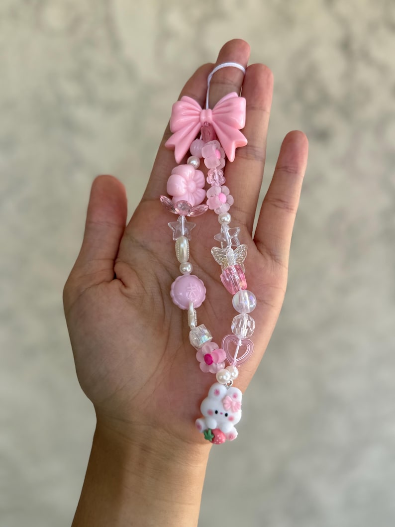 Strawberry Bunny Beaded Phone Charm Strap | Kawaii iPad Bag Accessory ...