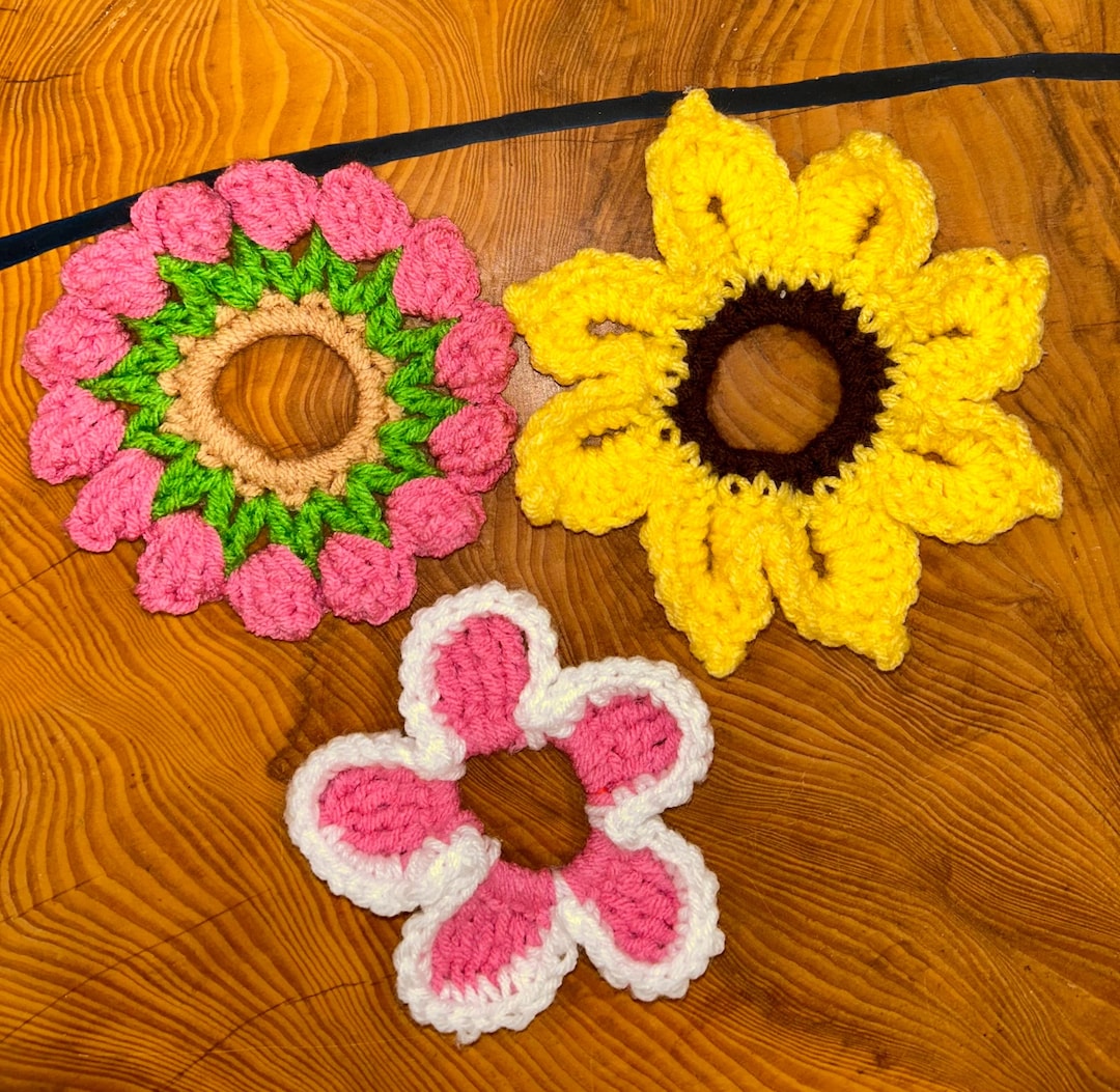 3 Crochet Flower Scrunchie Bundle – Handmade Hair Tie, Cute Floral ...