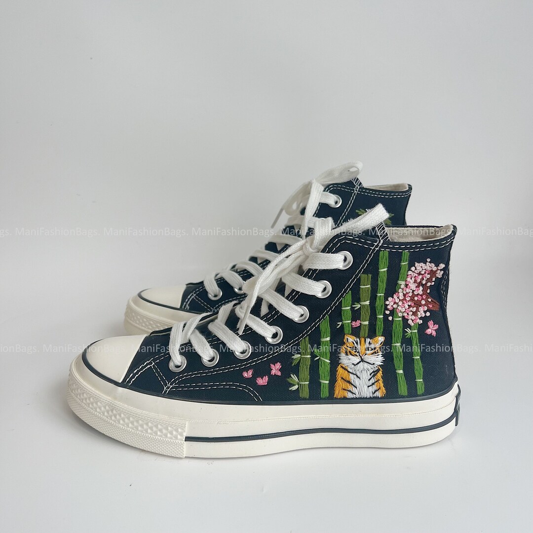 Custom Handmade Embroidered Tiger and Bamboo Converse Chuck Taylor High ...
