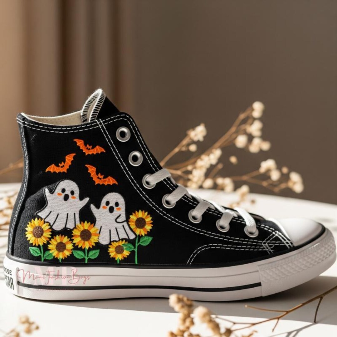 Custom Halloween Converse Ghost and Bat Sunflower Hand Embroidered ...