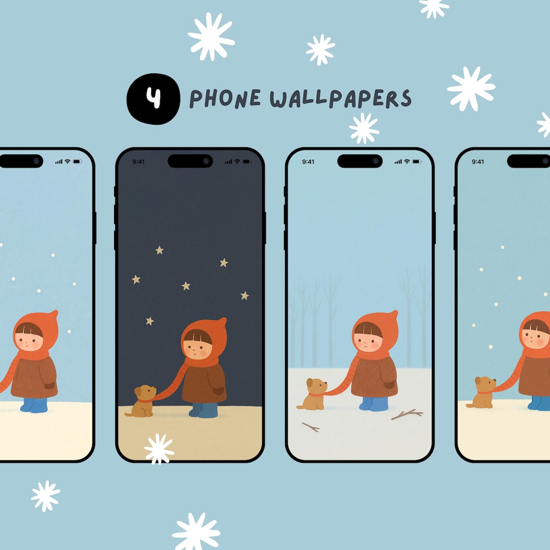 Soft Winter Walk Wallpaper Set | Minimal Calm Red Bonnet Girl and Dog ...