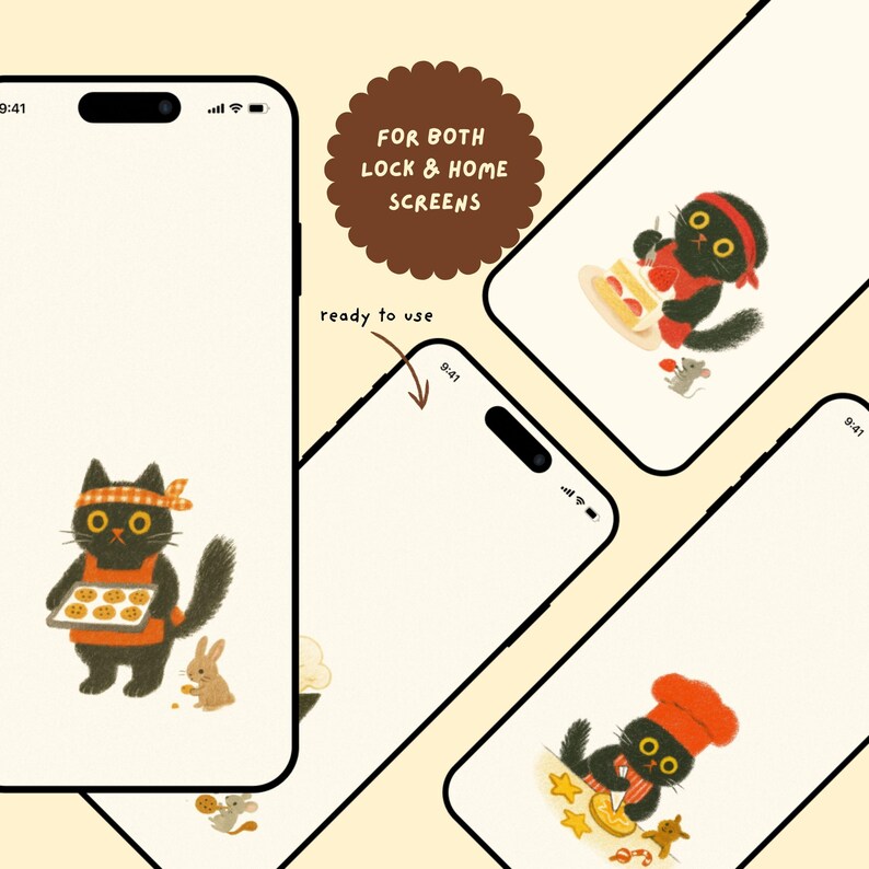 Bakery Cat Wallpaper Set | Cozy Dessert Baking Illustration Phone ...