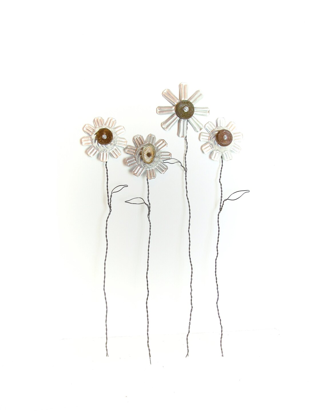 4 Repurposed Tin Flowers Assemblage Art Industrial Garden Blooms on ...