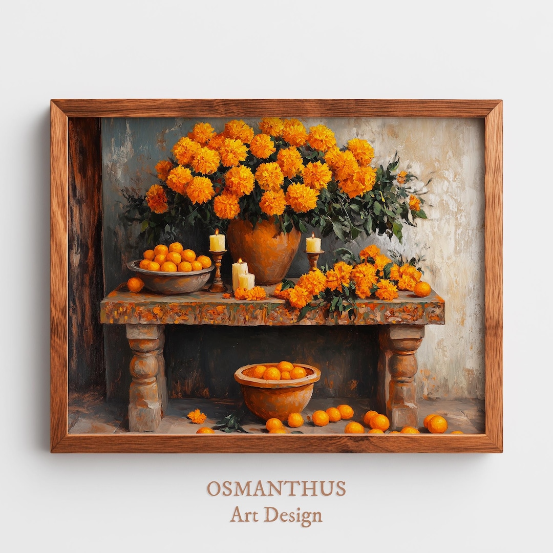 Clay Altar Table With Bright Marigolds - Vintage Still Life Printable ...