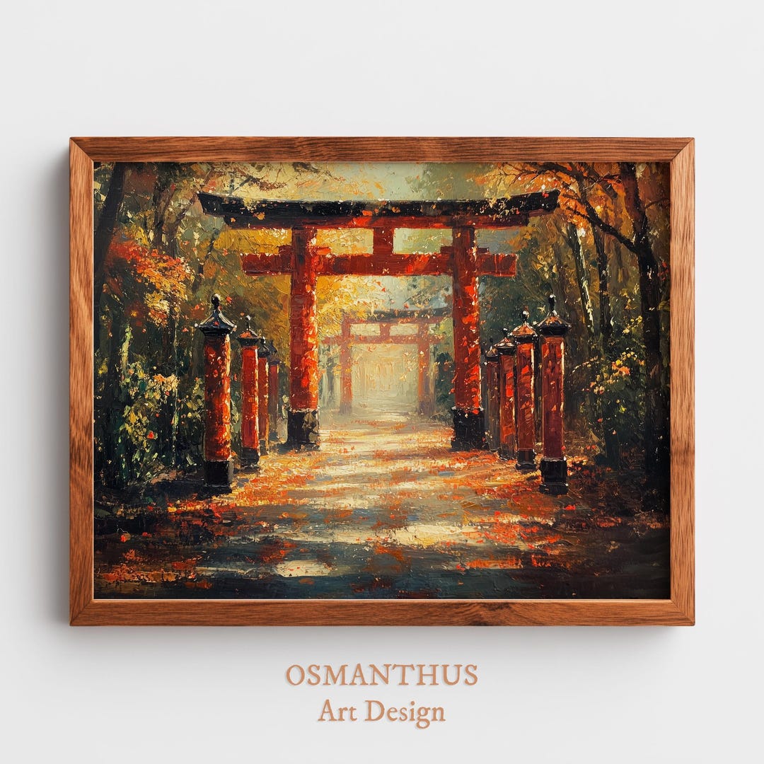 Autumn Shrine Pathway Oil Painting – Printable Wall Art, Tranquil ...