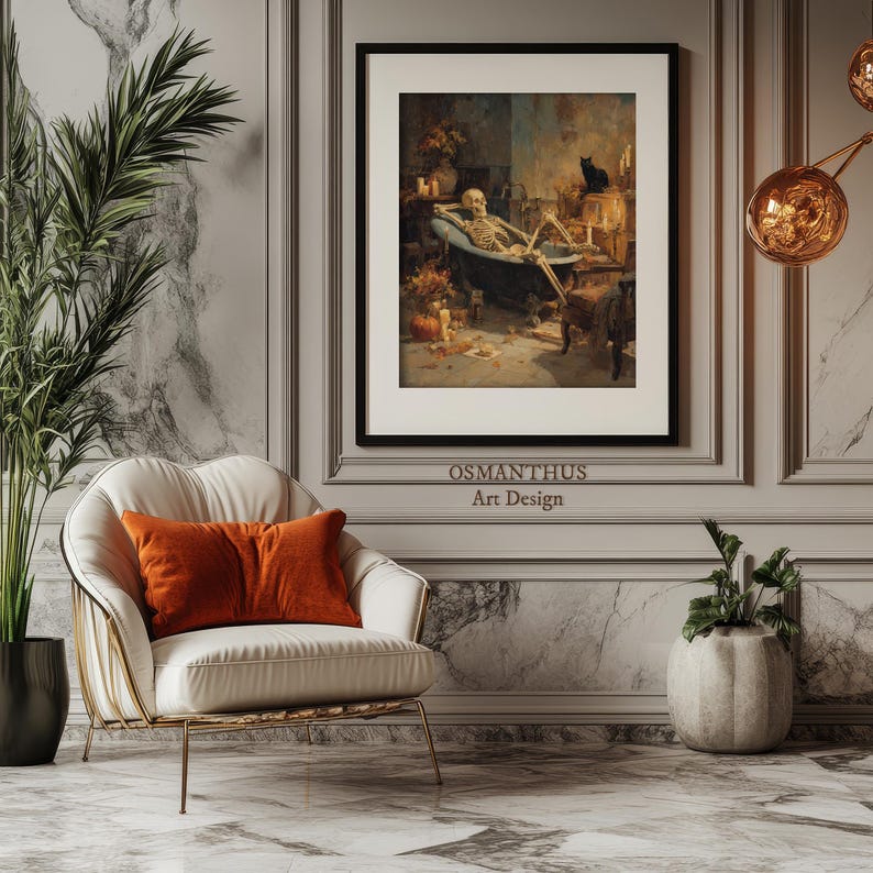Skeleton Lounging in Antique Setting - Printable Gothic Wall Art, Moody ...