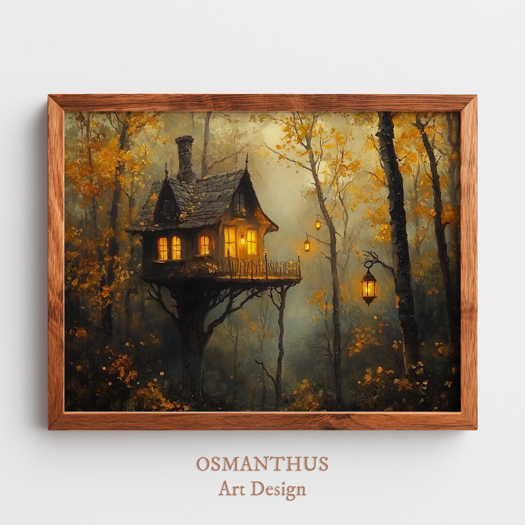 Cottage Treehouse Printable Wall Art - Cozy Autumnal Scene, Moody Oil ...