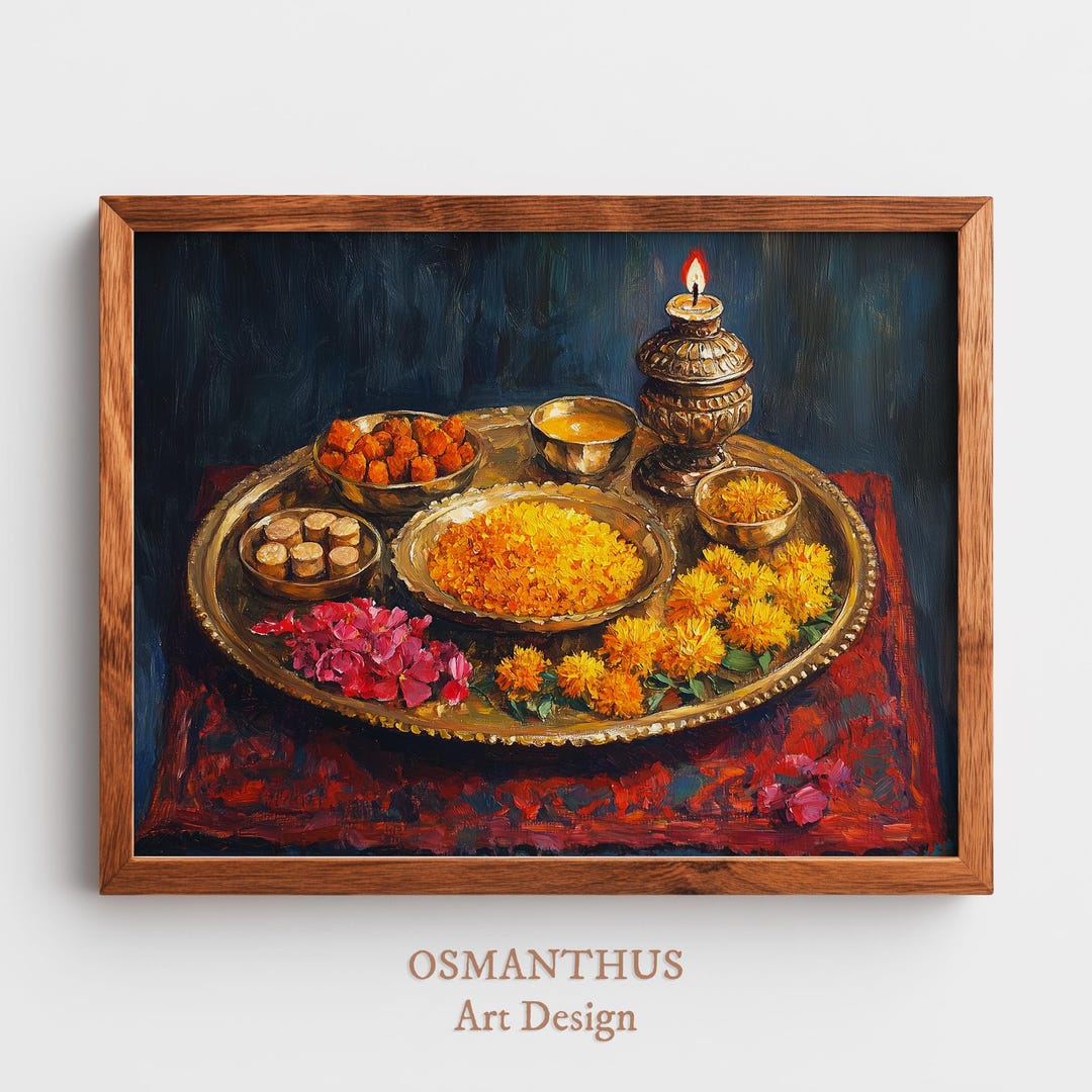 Printable Indian Brass Thali Still-life Painting, Festive Sweets Art ...