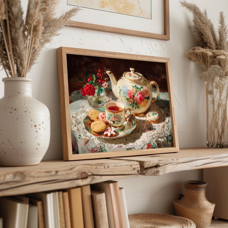 Printable Tea Time Still Life Art - Floral Teapot and Cup Painting ...