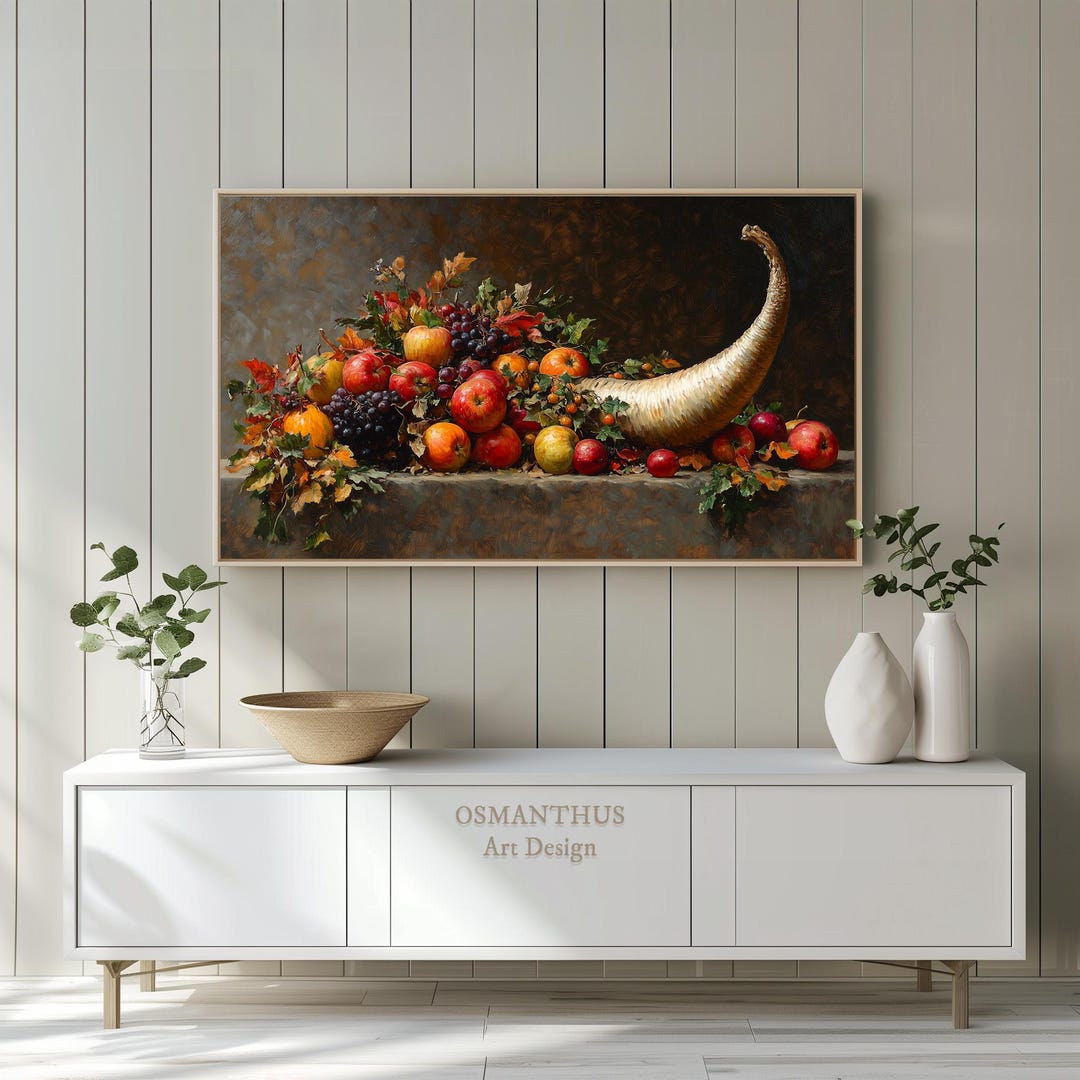 Vintage Cornucopia Frame TV Art, Classic Fall Decor, Thanksgiving ...