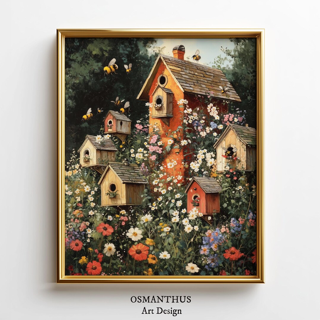 Cottagecore Garden Wall Art, Rustic Birdhouse Painting With Wildflowers ...