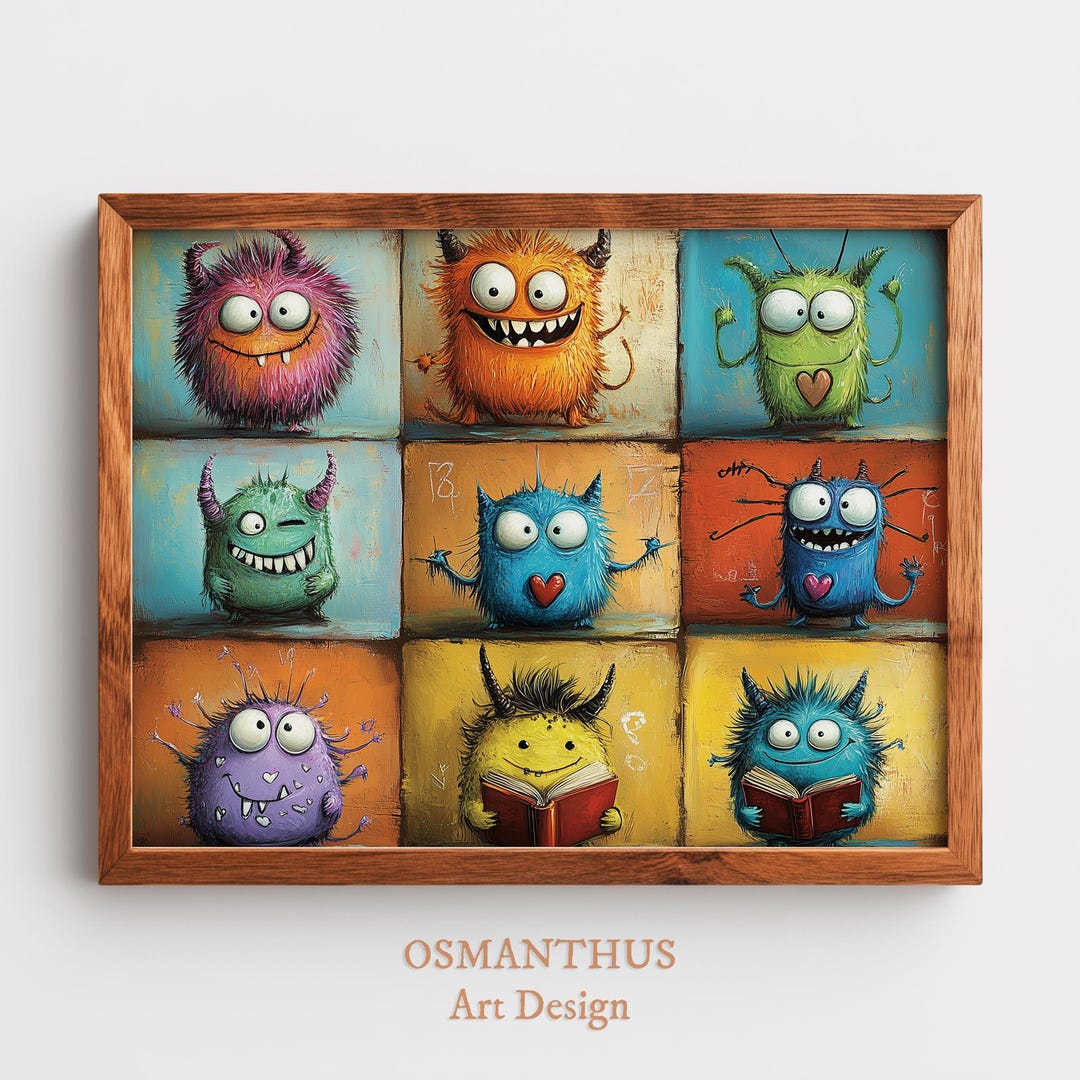 Whimsical Monster Grid Printable Wall Art - Fun Colorful Creatures ...