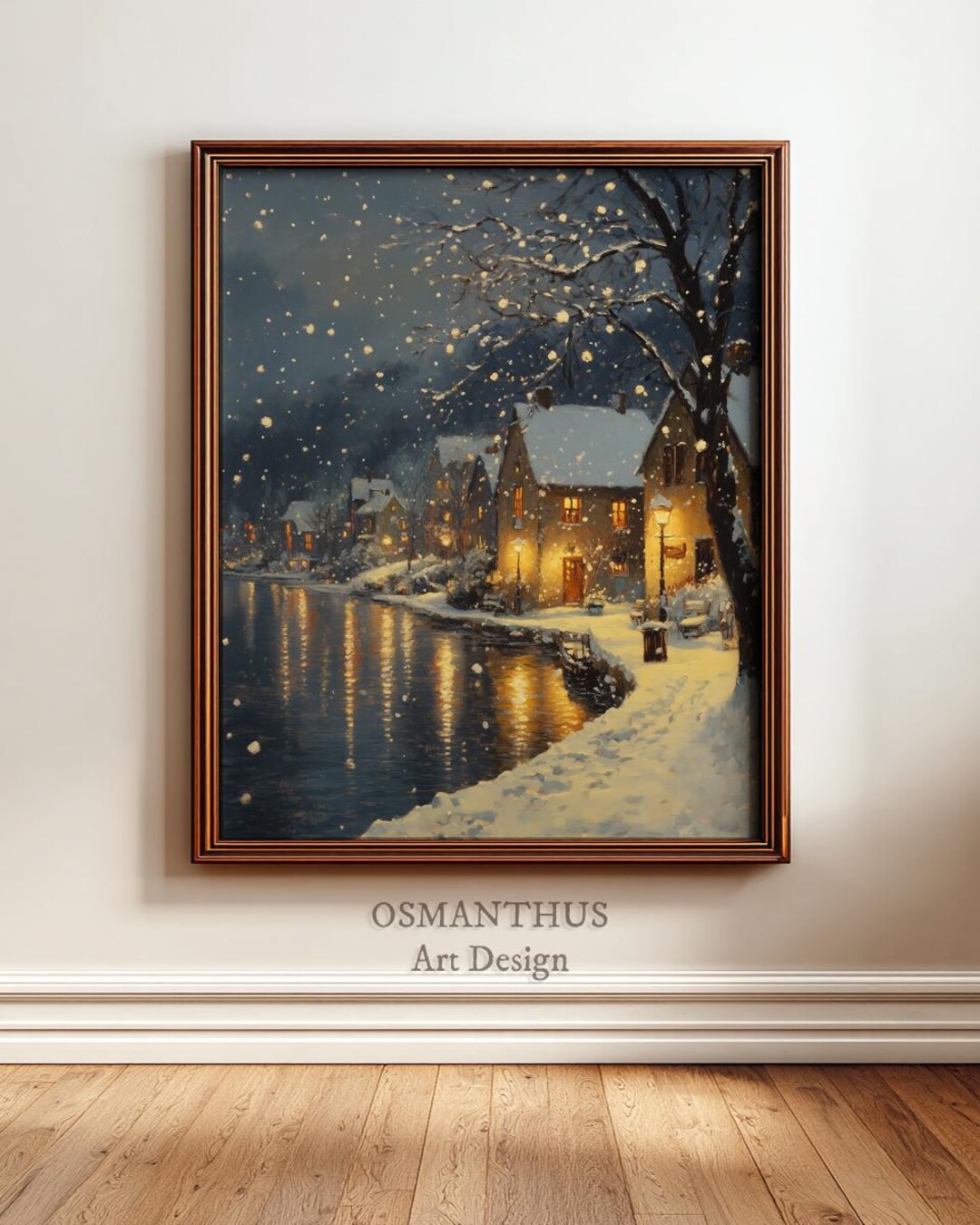 Moody Winter Village at Night Printable Art - Cozy Snowy Riverside ...