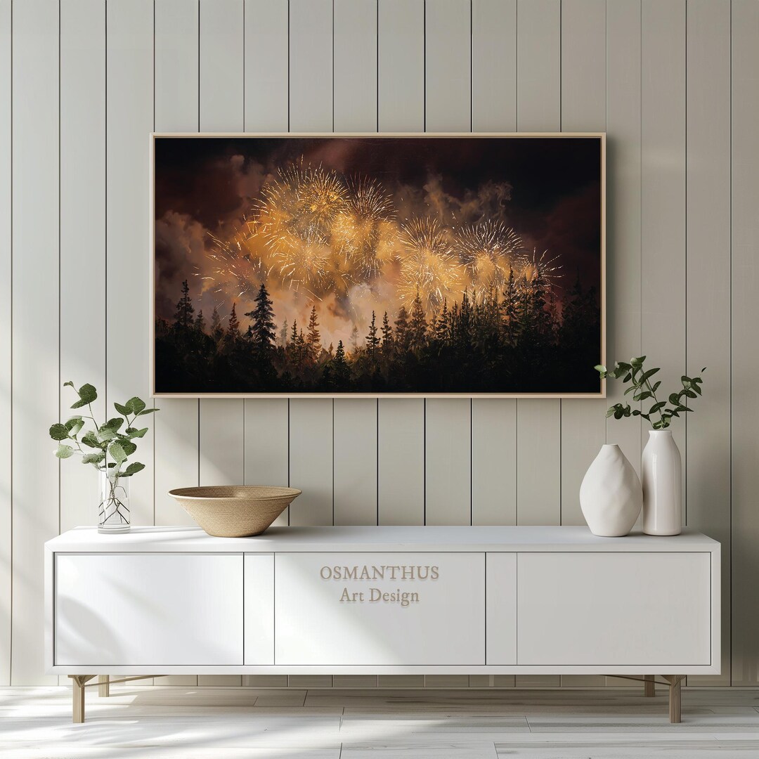 Moody Frame TV Art, Dramatic Forest Night Sky With Fireworks, Cinematic ...