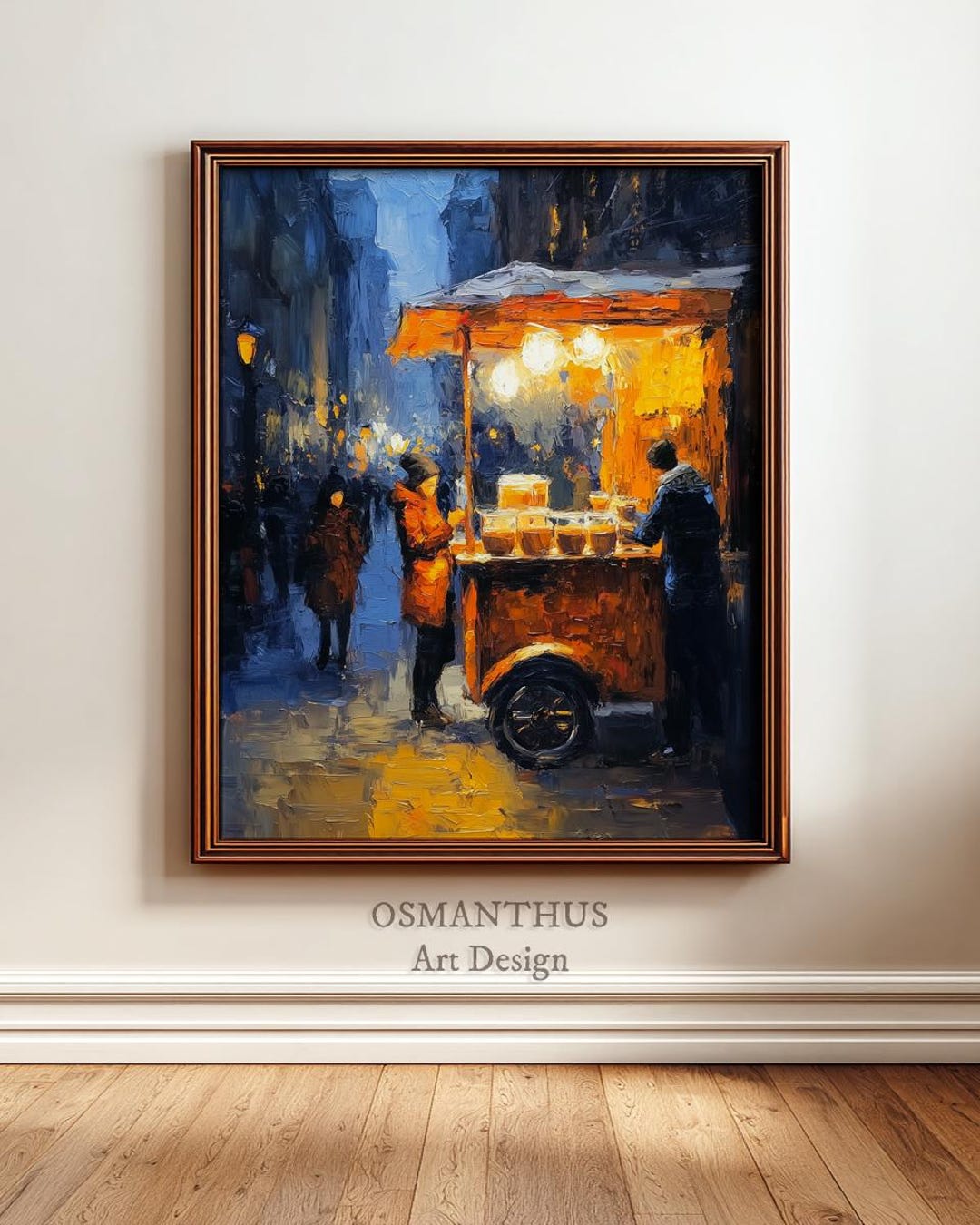 Printable Winter Night Coffee Stand Painting - Cozy Street Scene, Urban ...