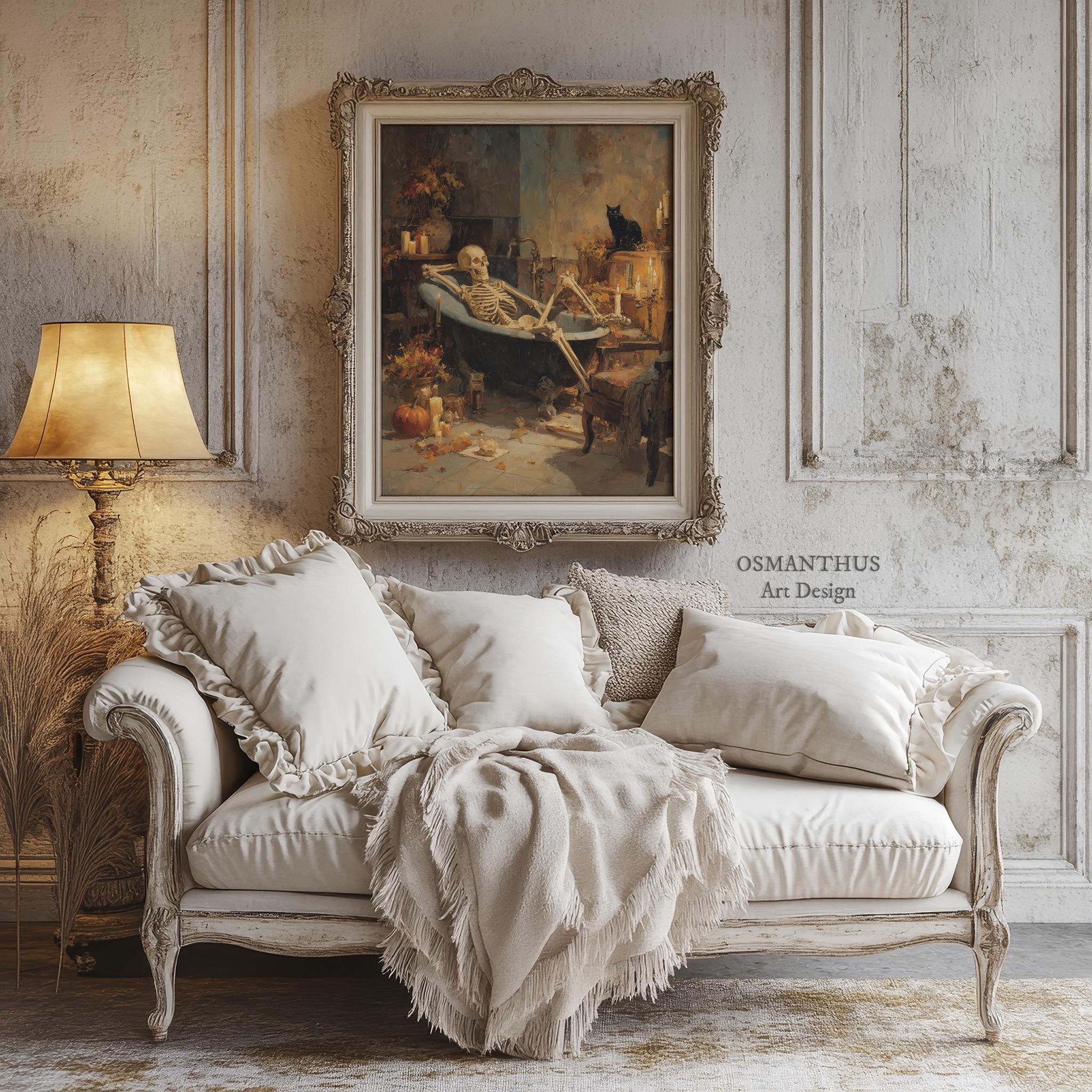 Skeleton Lounging in Antique Setting - Printable Gothic Wall Art, Moody ...