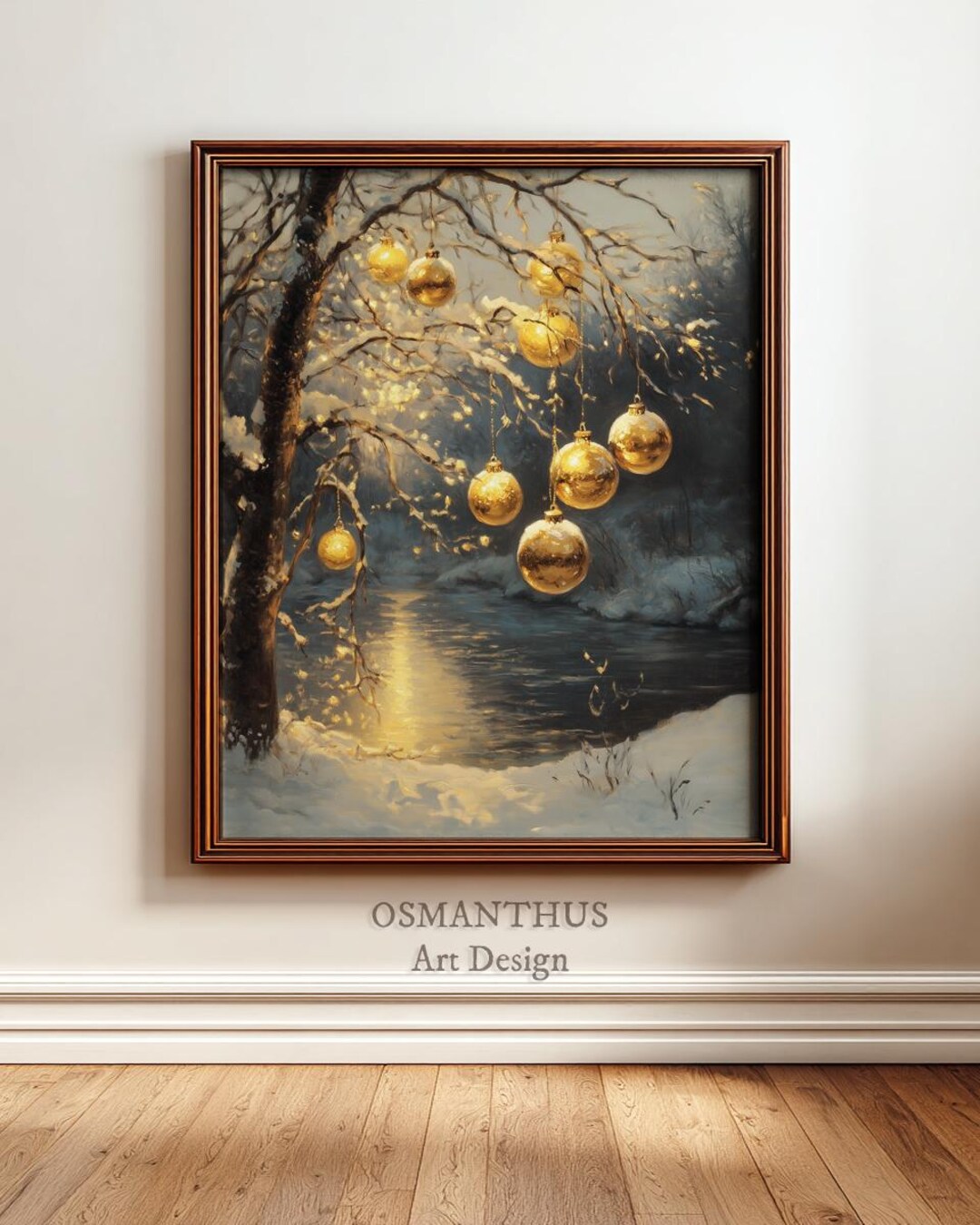 Printable Moody Winter Scene - Snowy Evergreen Branches With Gold ...