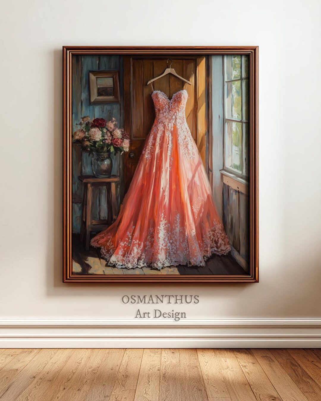 Elegant Coral Ball Gown Art - Printable Oil Painting, Lace Detailed ...