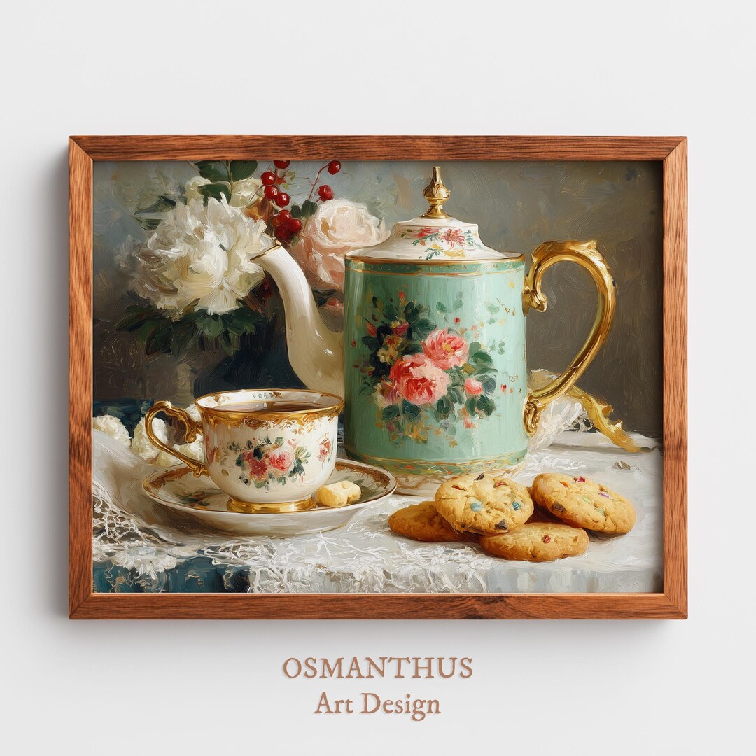 Christmas Morning Tea Set With Flowers - Printable Wall Art, Elegant ...