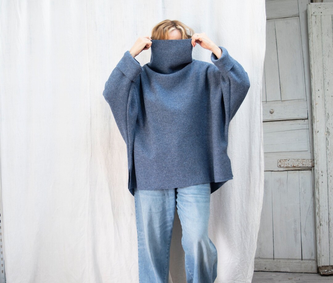 Oversize High Collar Polo Neck Poncho Sweater in Boiled Wool - Etsy