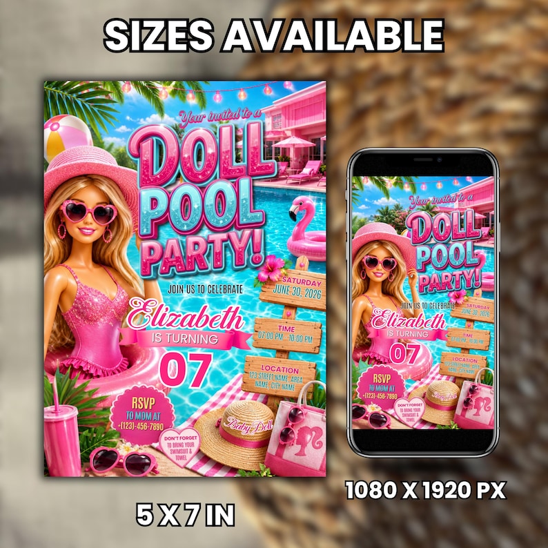 Pink Doll Birthday Invitation, Pool Party Invitation, Pink Fashion Doll ...