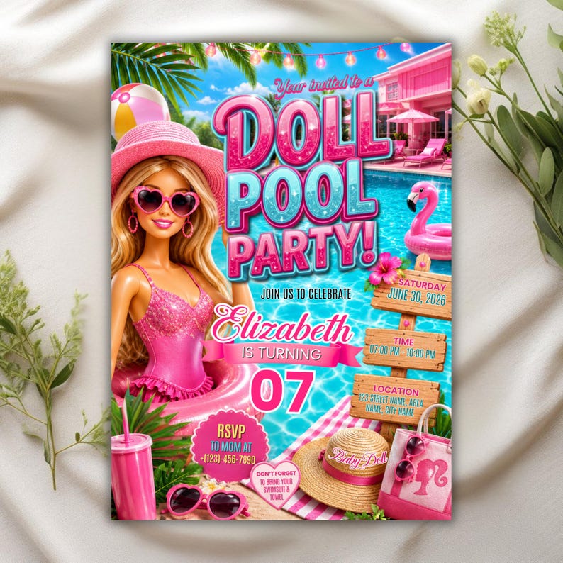 Pink Doll Birthday Invitation, Pool Party Invitation, Pink Fashion Doll ...