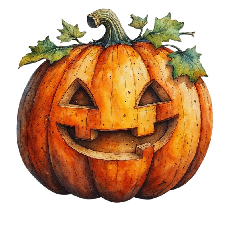 Halloween Pumpkin Watercolor Clipart, Jack O Lantern PNG (digital ...