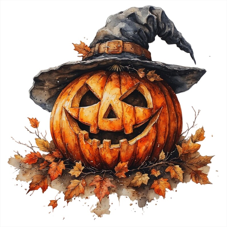 Halloween Pumpkin Watercolor Clipart, Jack O Lantern PNG (digital ...