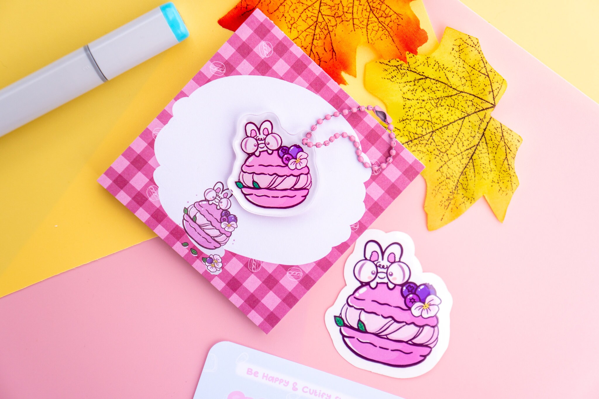 Blueberry Macaron Bunny Gift Set: Kawaii Keychain, Memo Pad & Sticker ...